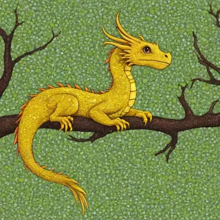 NLevel.ai — Pointillism style of a small yellow dragon on a tree branch